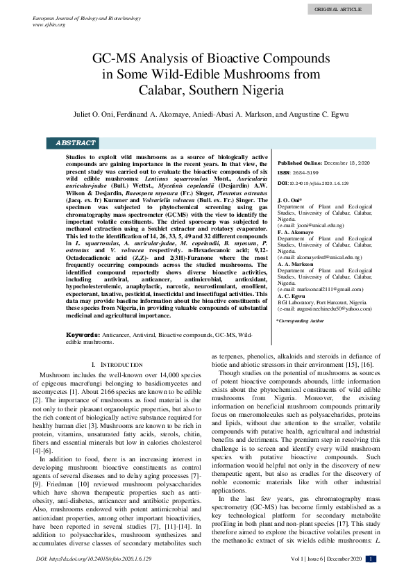 (PDF) GC-MS Analysis of Bioactive Compounds in Some Wild-Edible Mushrooms from Calabar, Southern ...