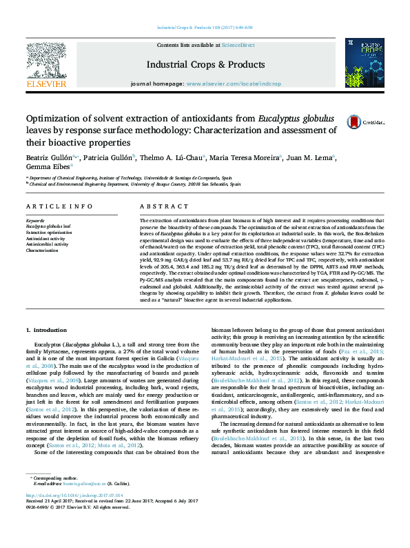 (PDF) Optimization of solvent extraction of antioxidants from Eucalyptus globulus leaves by ...