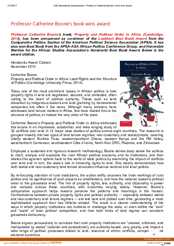 (PDF) Professor Catherine Boone’s book wins award