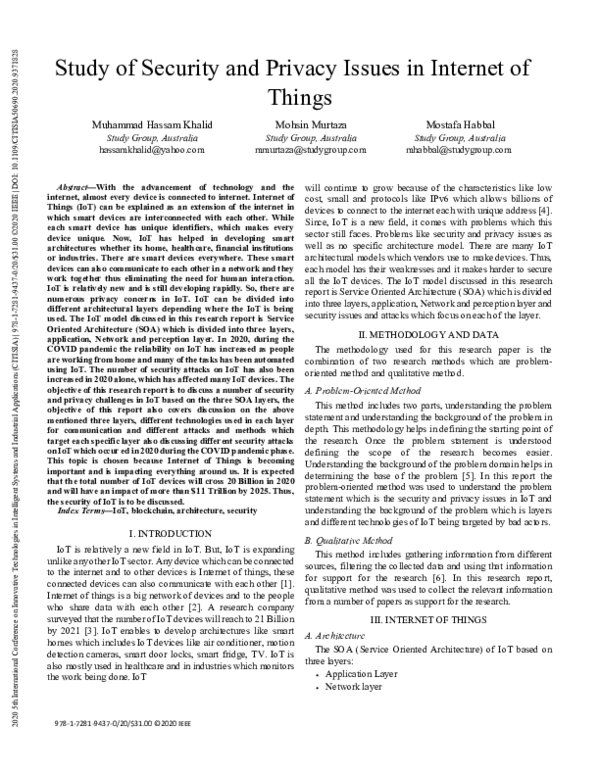 (PDF) Study of Security and Privacy Issues in Internet of Things