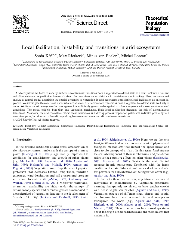 (PDF) Local facilitation, bistability and transitions in arid ecosystems