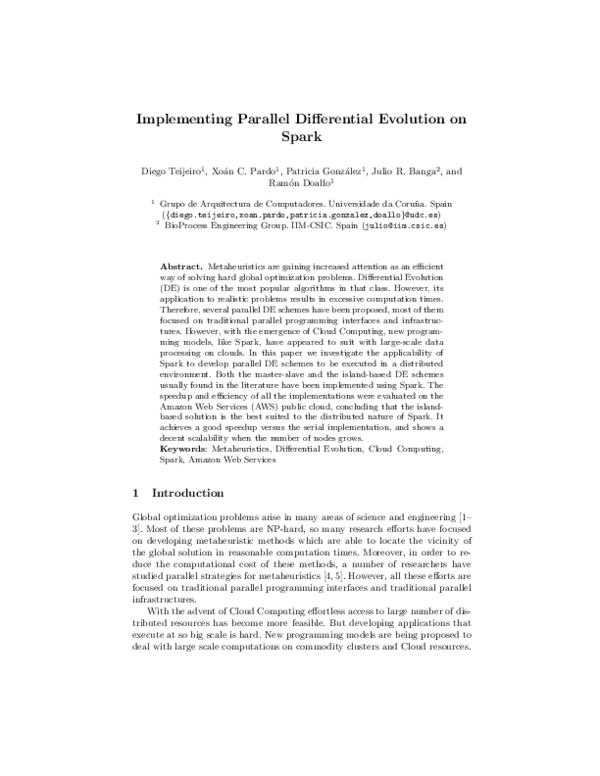 (PDF) Implementing Parallel Differential Evolution on Spark