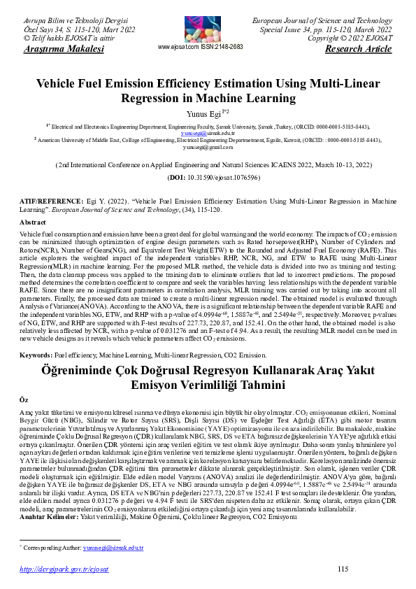 (PDF) Vehicle Fuel Emission Efficiency Estimation Using Multi-Linear Regression in Machine Learning