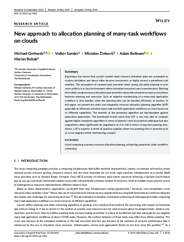 (PDF) New approach to allocation planning of many‐task workflows on clouds