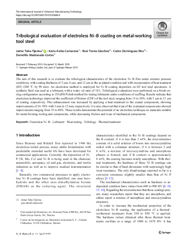 (PDF) Tribological evaluation of electroless Ni–B coating on metal-working tool steel