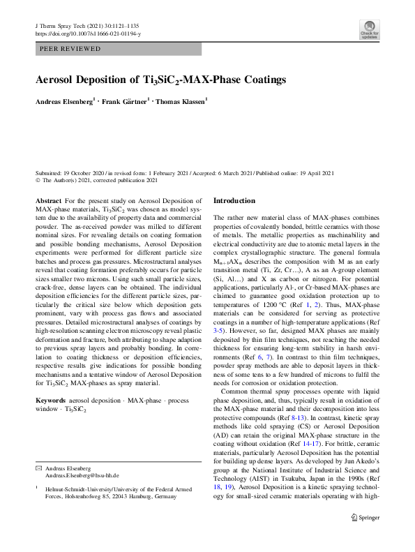 (PDF) Aerosol Deposition of Ti3SiC2-MAX-Phase Coatings