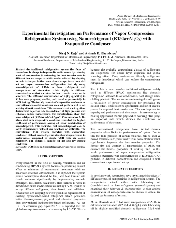 (PDF) Experimental Investigation on Performance of Vapor Compression Refrigeration System using ...