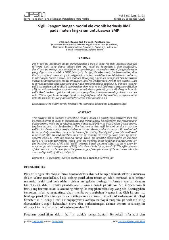 (PDF) Sigil: Pengembangan E-Modul Berbasis Realistik Pada Materi Lingkaran Untuk Siswa Kelas ...