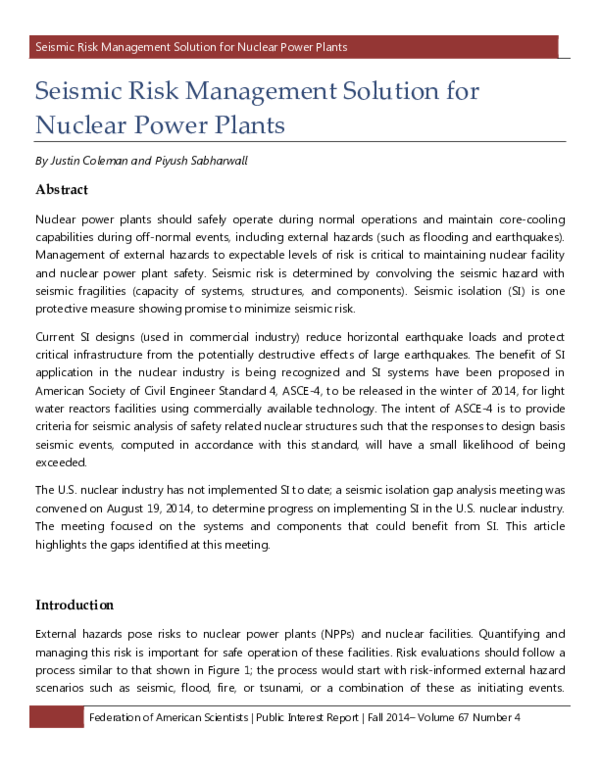 (PDF) Seismic risk management solution for nuclear power plants