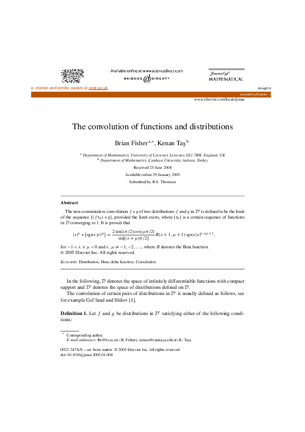 (PDF) The convolution of functions and distributions | KENAN TAŞ ...