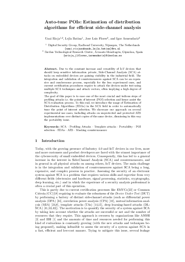 (PDF) Auto-tune POIs: Estimation of distribution algorithms for efficient side-channel analysis