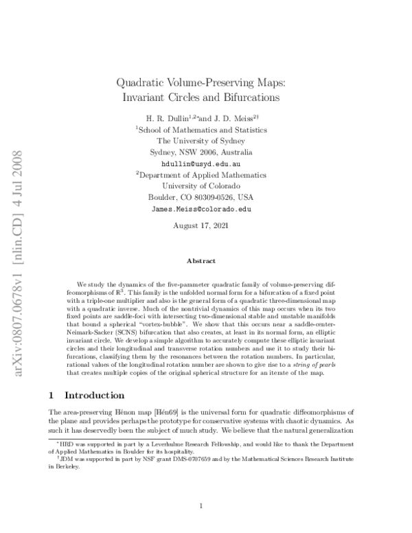 (PDF) Quadratic Volume-Preserving Maps: Invariant Circles and Bifurcations