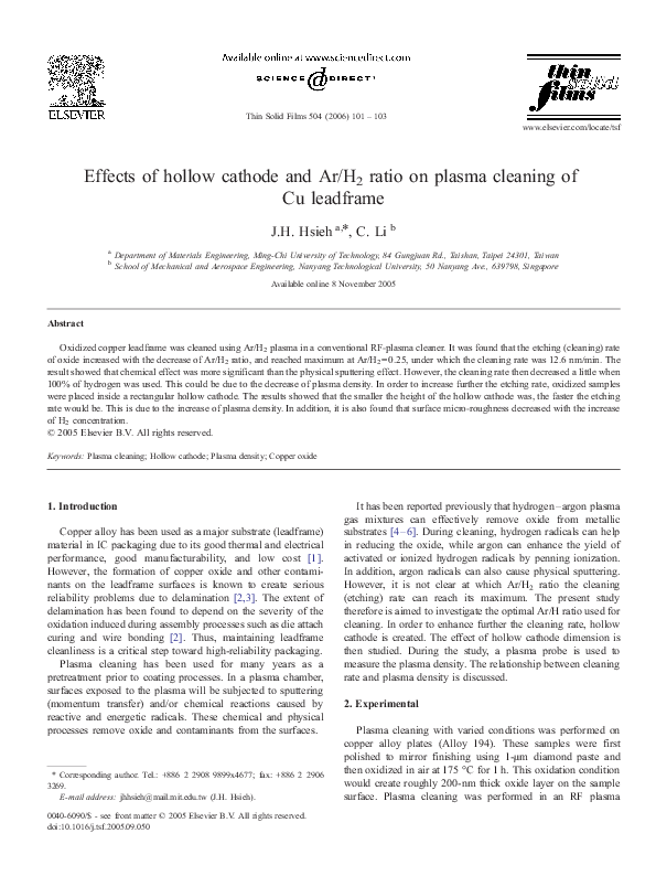 (PDF) Effects of hollow cathode and Ar/H2 ratio on plasma cleaning of Cu leadframe | Jang-Hsing ...