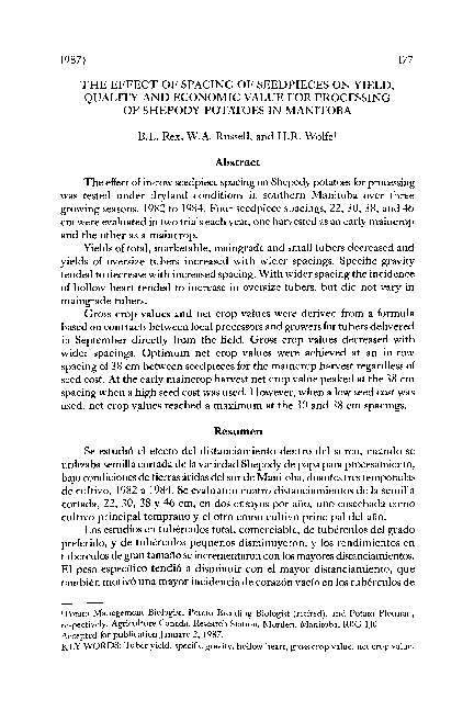 (PDF) Impact of Seedpiece Spacing on Shepody Potato Yield and Quality