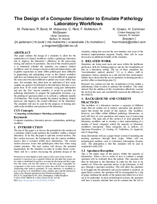 (PDF) The Design of a Computer Simulator to Emulate Pathology Laboratory Workflows