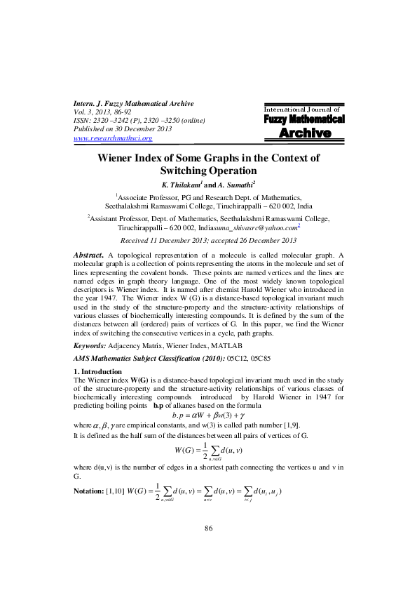 (PDF) Wiener Index of Some Graphs in the Context of Switching Operation