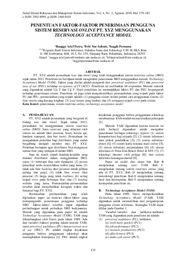 (PDF) Penentuan Faktor-Faktor Penerimaan Pengguna Sistem Reservasi Online Pt. Xyz Menggunakan ...