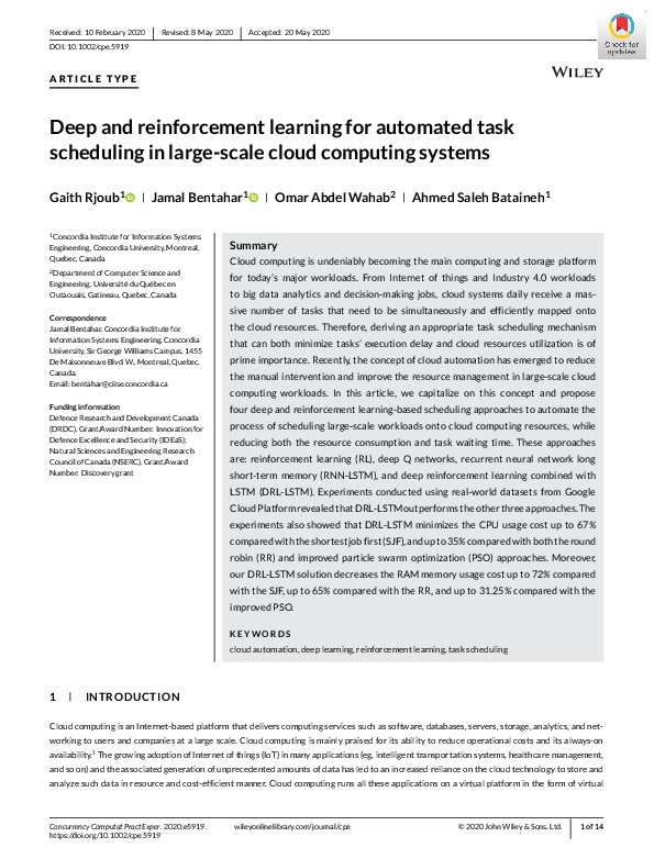 (PDF) Deep and reinforcement learning for automated task scheduling in large‐scale cloud ...