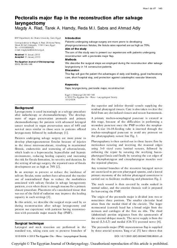 (PDF) Pectoralis major flap in the reconstruction after salvage ...