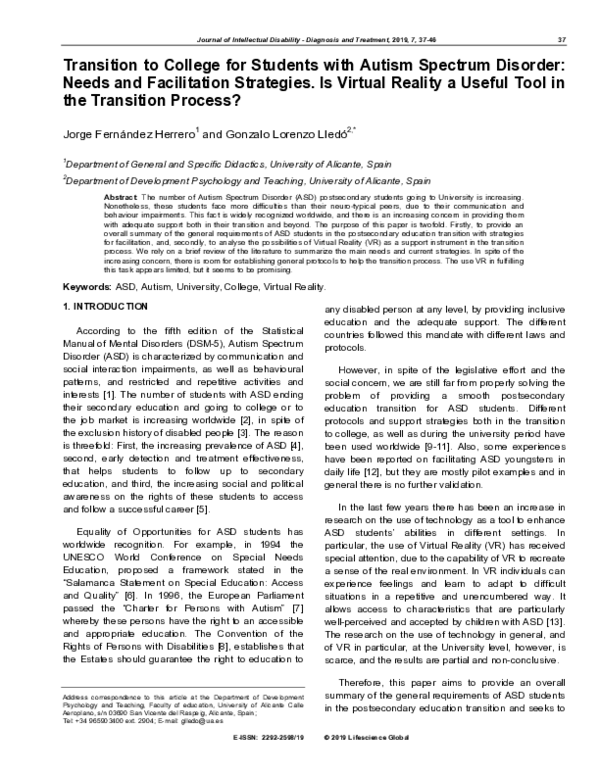 (PDF) Transition to College for Students with Autism Spectrum Disorder ...