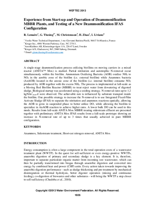 (PDF) Experience from Start-up and Operation of Deammonification MBBR ...