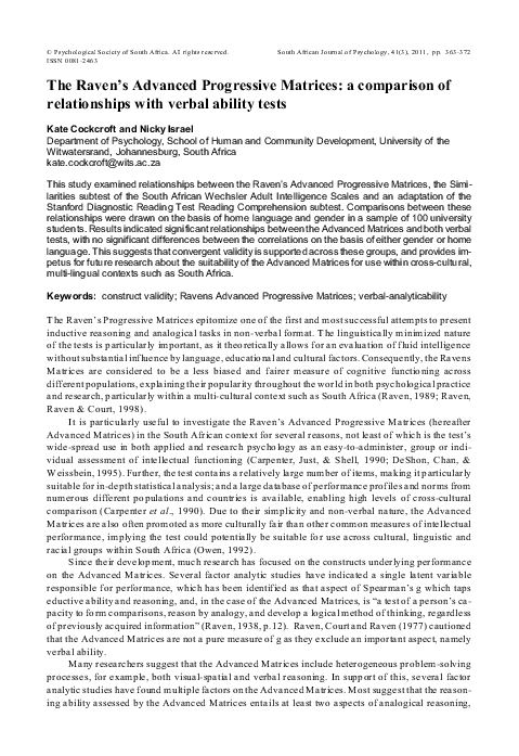 (PDF) The Raven's Advanced Progressive Matrices: A Comparison of ...