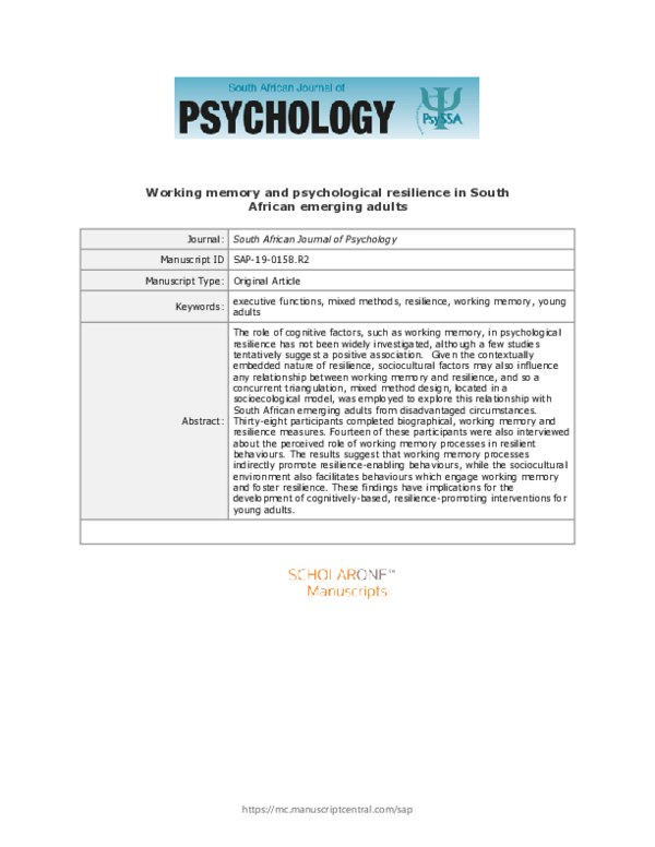(PDF) Working memory and psychological resilience in South African emerging adults