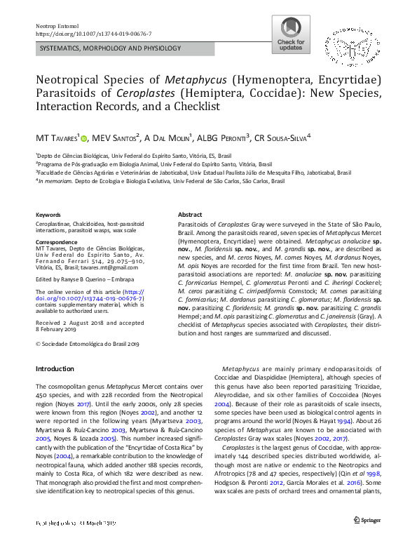 (PDF) Neotropical Species of Metaphycus (Hymenoptera, Encyrtidae ...