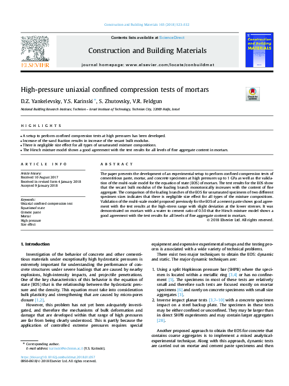 (PDF) High-pressure uniaxial confined compression tests of mortars