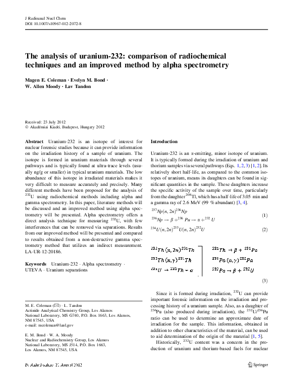 (PDF) The analysis of uranium-232: comparison of radiochemical ...