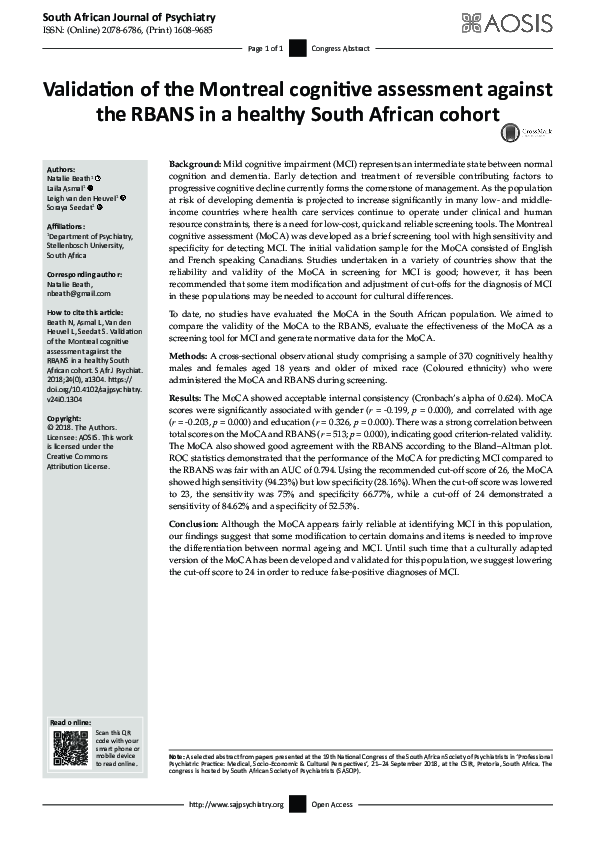 (PDF) Validation of the Montreal Cognitive Assessment against ...