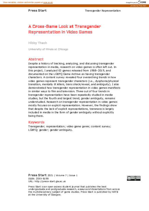(PDF) A Cross-Game Look at Transgender Representation in Video Games