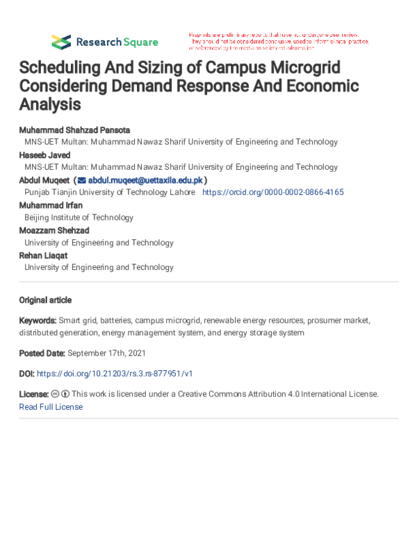 (PDF) Scheduling And Sizing of Campus Microgrid Considering Demand Response And Economic ...