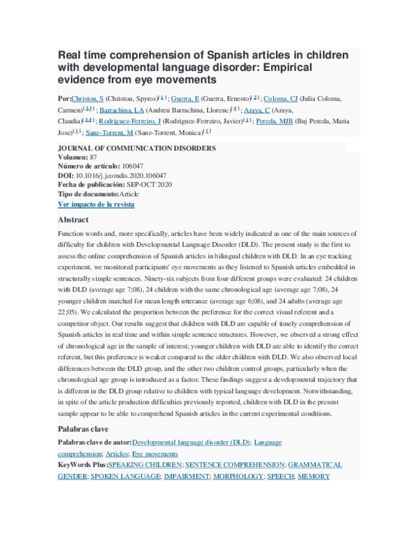 (PDF) Real time comprehension of Spanish articles in children with ...