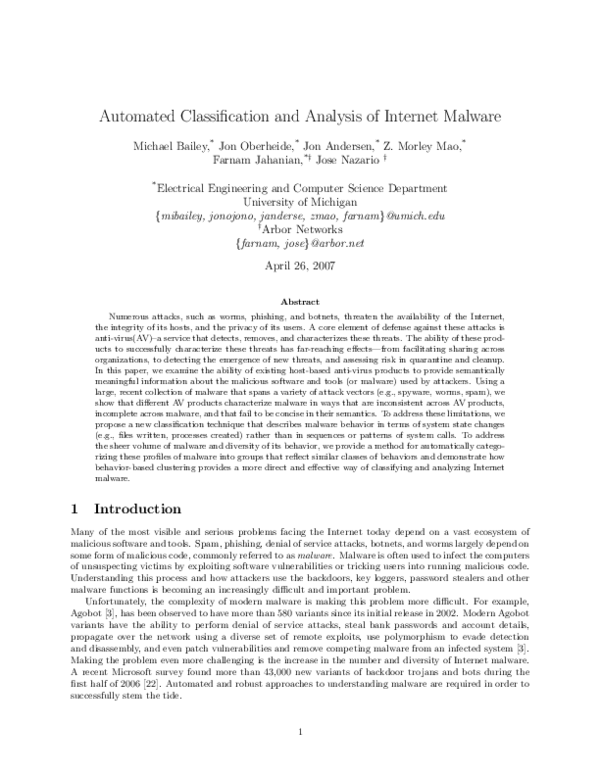 (PDF) Automated Classification and Analysis of Internet Malware | jose nazario - Academia.edu