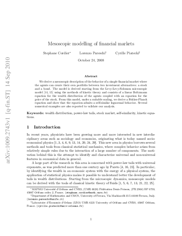 (PDF) Mesoscopic modelling of financial markets