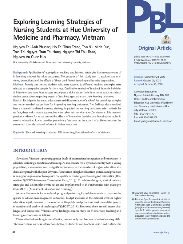 (PDF) Exploring Learning Strategies of Nursing Students at Hue University of Medicine. and ...