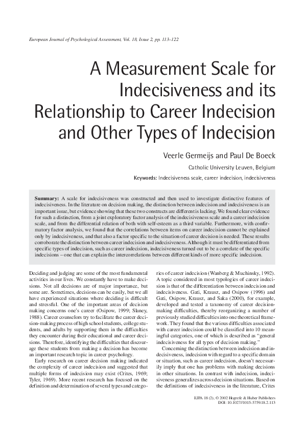 (PDF) A Measurement Scale for Indecisiveness and its Relationship to ...