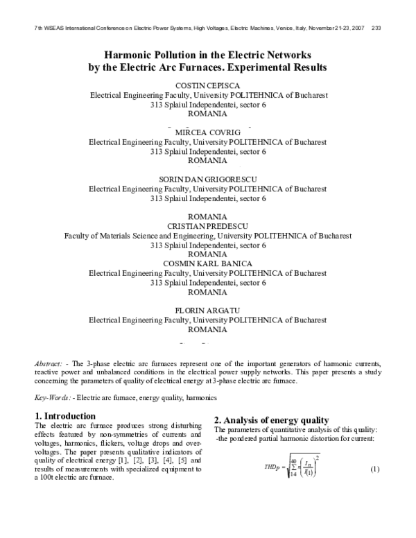 (PDF) Harmonic pollution in the electric networks by the electric arc ...