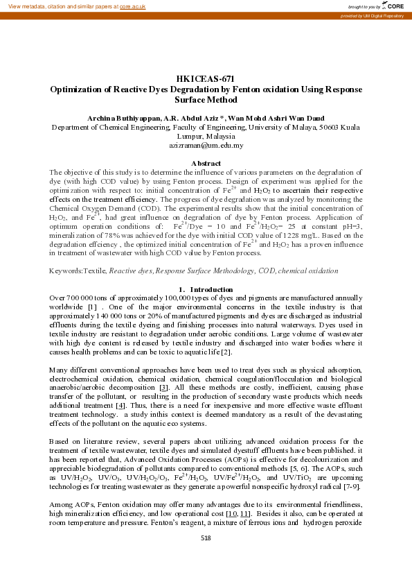 (PDF) Optimization of reactive dyes degradation by Fenton oxidation using response surface ...