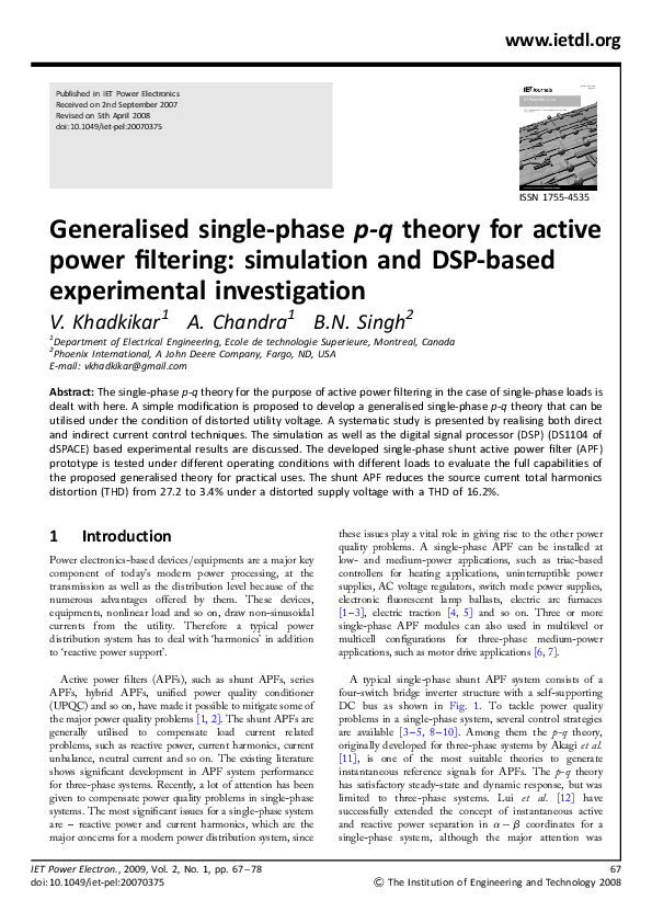 (PDF) Generalised single-phase p-q theory for active power filtering: simulation and DSP-based ...
