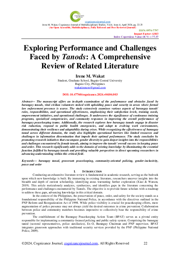 (PDF) Exploring Performance and Challenges Faced by Tanods: A Comprehensive Review of Related ...
