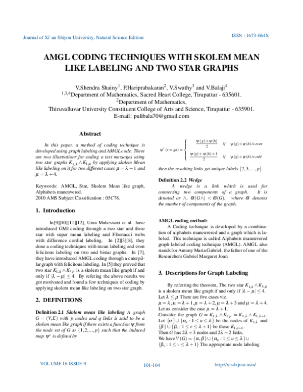 (PDF) AMGL Coding Techniques With Skolem Mean Like Labeling and Two ...