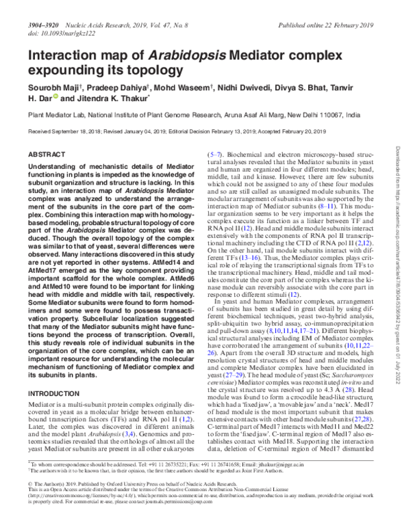 (PDF) Interaction map of Arabidopsis Mediator complex expounding its ...