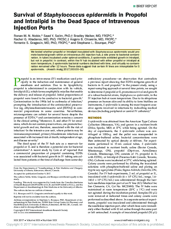 (PDF) Survival of Staphylococcus epidermidis in Propofol and Intralipid ...