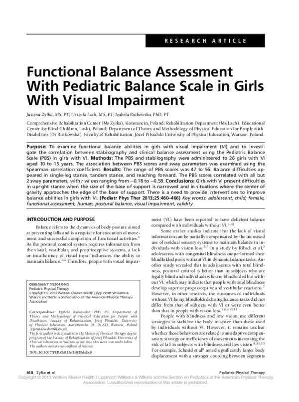 (PDF) Functional Balance Assessment With Pediatric Balance Scale in ...