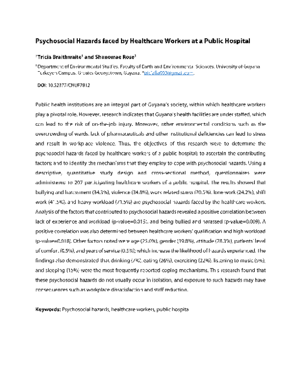 (PDF) Psychosocial Hazards faced by Healthcare Workers at a Public Hospital