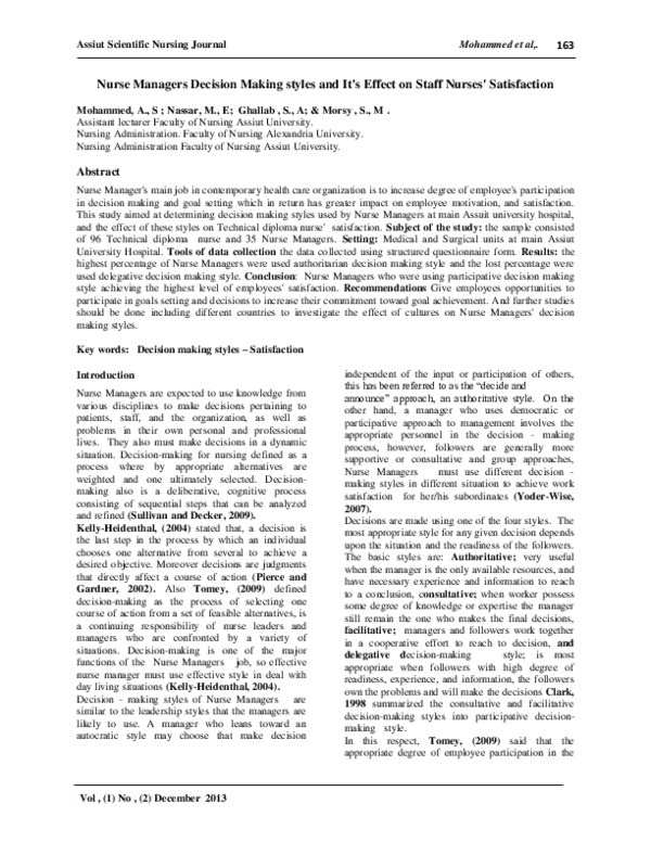 (PDF) Nurse Managers Decision Making styles and It's Effect on Staff Nurses' Satisfaction