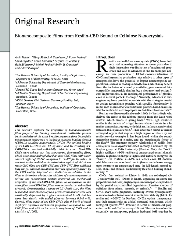 (PDF) Bionanocomposite Films from Resilin-CBD Bound to Cellulose ...
