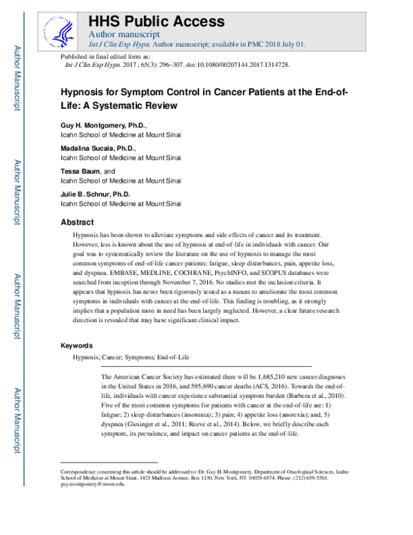 (PDF) Hypnosis for Symptom Control in Cancer Patients at the End-of ...